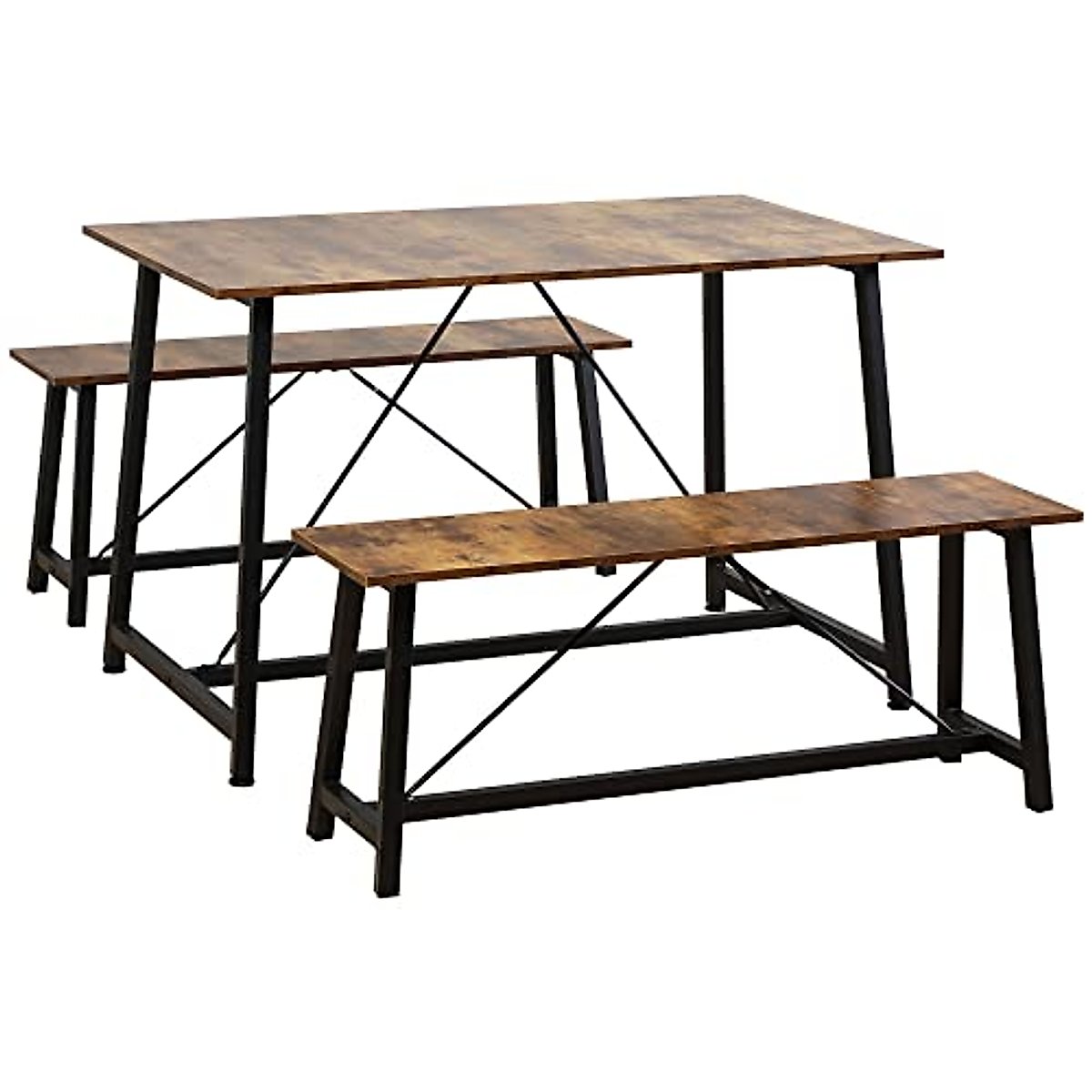 HOMCOM Industrial 3-Piece Dining Table Set, Rectangular Kitchen Table and Chairs for 4 People, Space-Saving Dinner Table with Two Benches, Rustic Brown