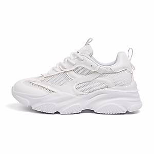 Niluber Women's Chunky Platform Sneakers-Slip On Breathable Running Shoes-Lightweight Glitter Rhinestone White Black Sneakers(White,6)