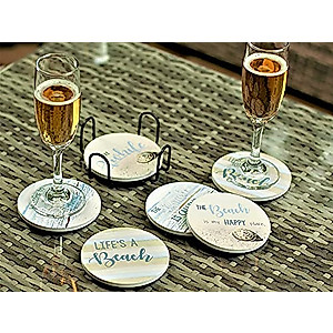 PANCHH Beach Coastal & Ocean Sea Tropical Theme Coasters for Drinks , Kitchen Decor and Gifts for Beach House and Home Beach Bars - Coasters for Wooden Table - Set of 6 with Holder , Absorbent
