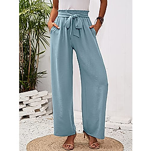 Heymoments Women's Wide Leg Lounge Pants with Pockets Blue Gray Medium Lightweight High Waisted Adjustable Tie Knot Loose Comfy Casual Trousers