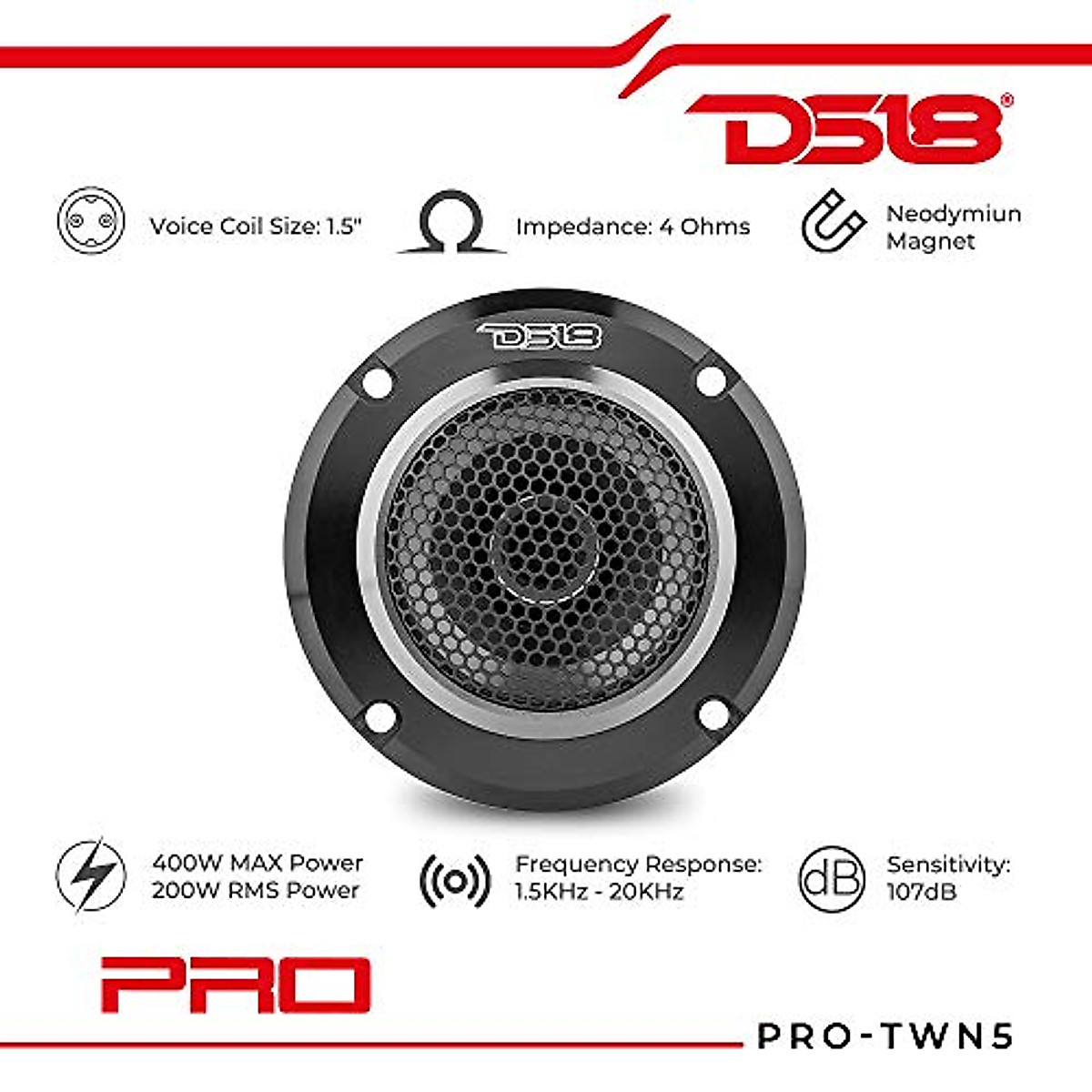DS18 PRO-TWN5 High Compression Neodymium Super Bullet Tweeter 1.5" VC 400 Max, 200W RMS, 4 Ohms with Built in Crossover Tweeters are The Best in The Pro Audio and Voceteo Market (1 Speaker)