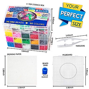 30,000 pcs Fuse Beads Kit 30 Colors 5MM for Kids, Including 10 Ironing Papers,48 Patterns, 7 Clear Pegboards, Tweezers, Perler Beads Compatible Kit