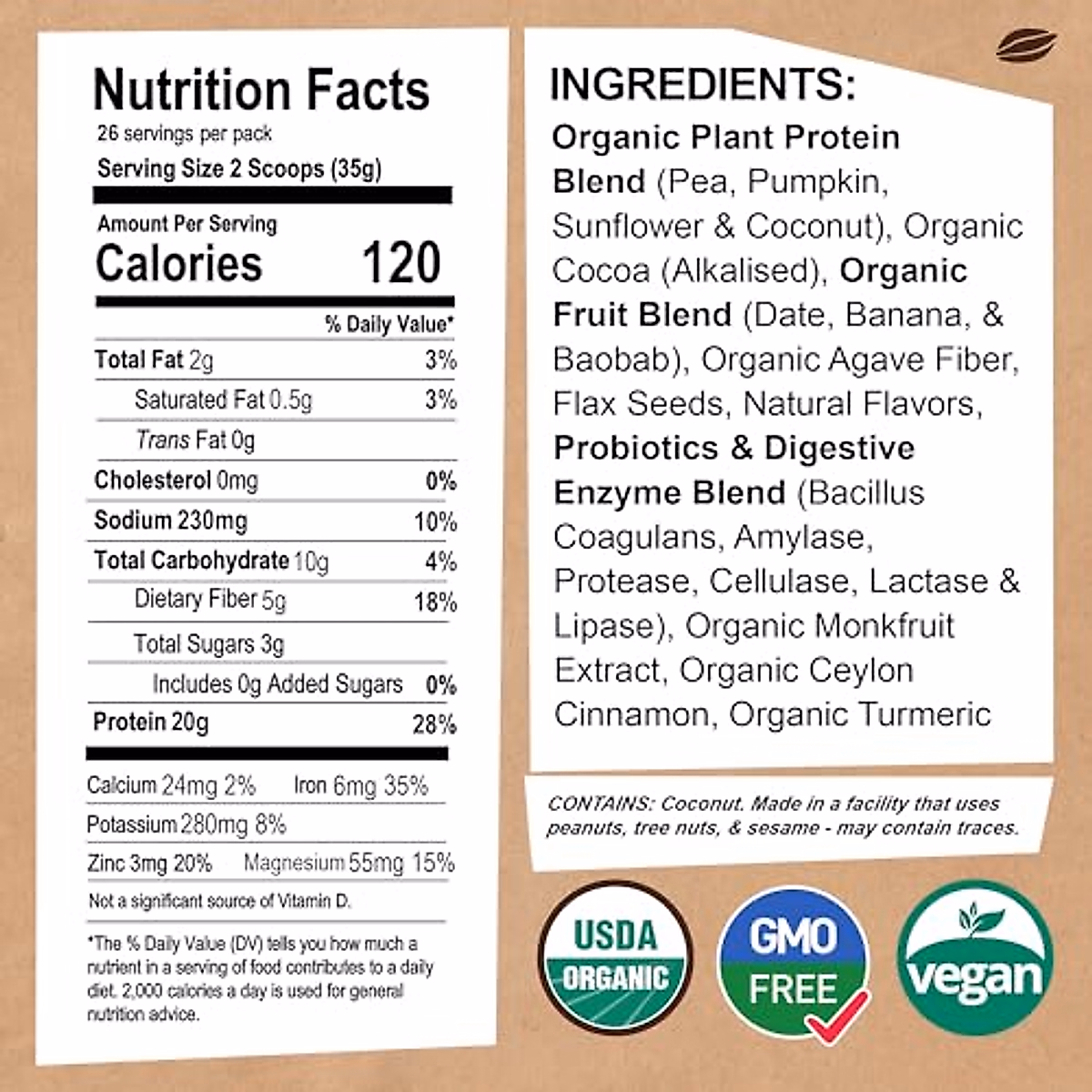 EarthChimp Organic Vegan Protein Powder - with Probiotics - Non GMO, Dairy Free, Non Whey, Plant Based Protein Powder for Women and Men, Gluten Free - 26 Servings 32 Oz (Chocolate)