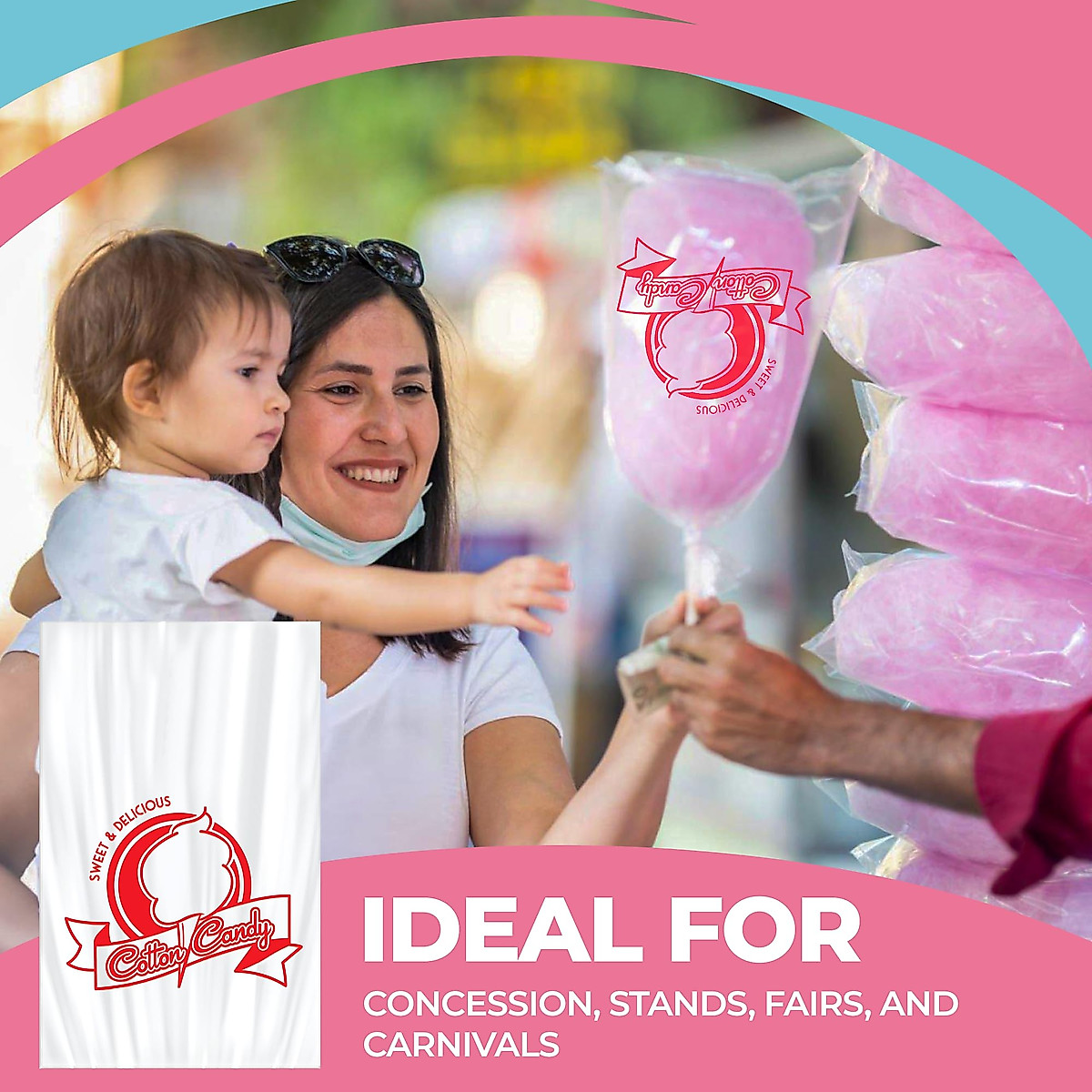 100 Cotton Candy Bags with Ties – 18.5" X 11.5" Thick Printed Bulk Cotton Candy Machine Supplies | Large Candy Bag Holder | Concession Stand Carnival Candy Bags