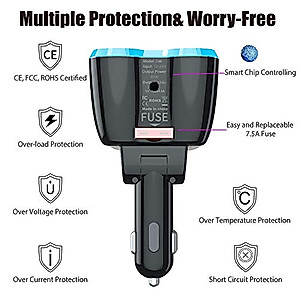 USB C Car Charger, Cigarette Lighter Splitter Adapter 2 Socket Type C Multi Power Outlet 12V/24V 80W DC with LED Voltmeter Switch 5.8A Dual USB Port for Mobile Cell Phone GPS Dash Cam