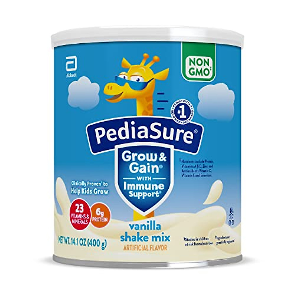 PediaSure Grow & Gain with Immune Support Shake Mix Powder, Kids Shake, 23 Vitamins and Minerals, 6g Protein, Helps Kids Catch Up On Growth, Non-GMO, Gluten-Free, Vanilla, 14.1-oz Can, 8 Servings