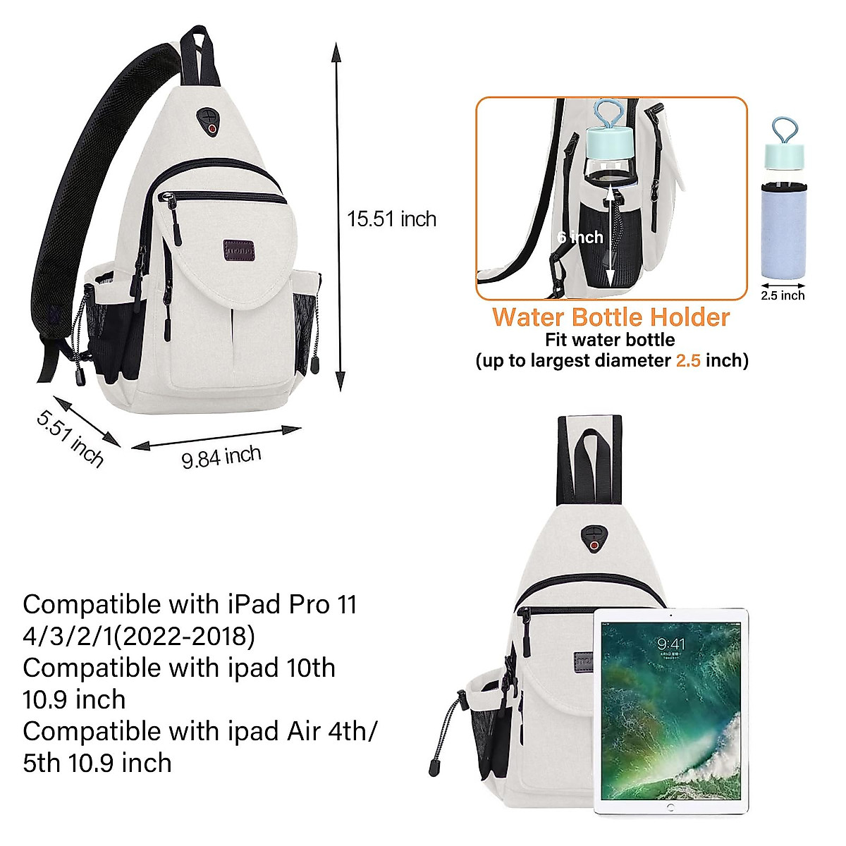 MOSISO Sling Backpack,Canvas Crossbody Hiking Daypack Bag with Anti-theft Pocket, Pearl White