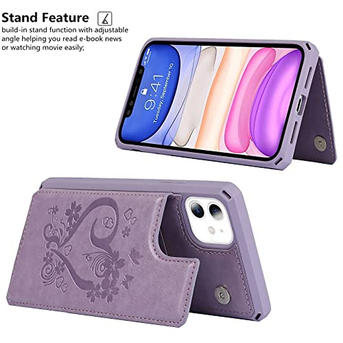iCoverCase for iPhone 11 Wallet Case with Card Slots Holder and Wrist Strap [RFID Blocking] Embossed Leather Kickstand Magnetic Clasp Shockproof Cover for iPhone 11 6.1 Inch (Heart Purple)