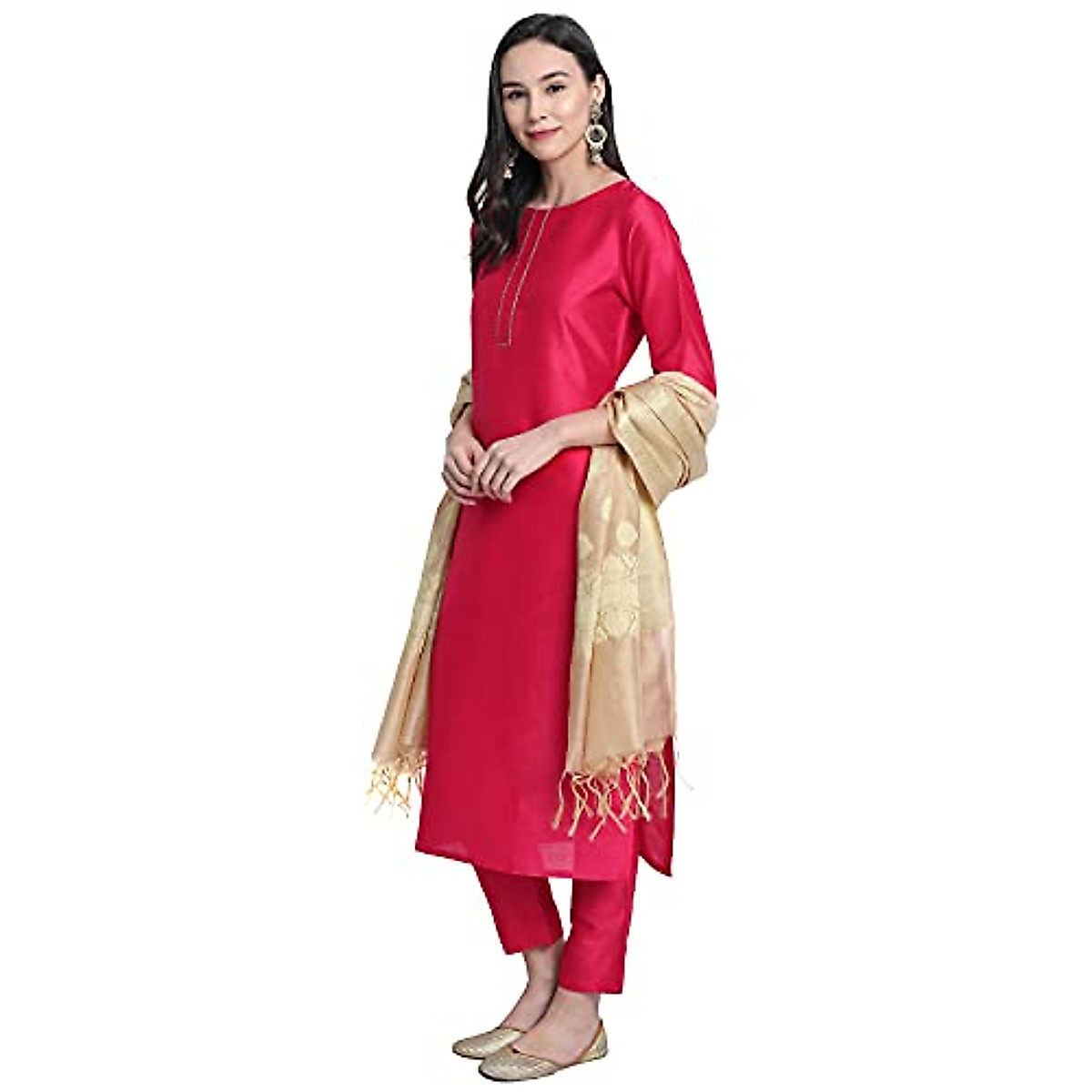 Janasya Women's Pink Poly Silk Kurta with Pant and Dupatta