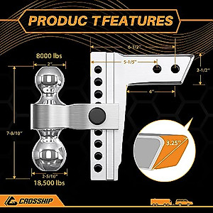 CROSSHIP Adjustable Trailer Hitch Ball Mount-Fit 2.5" Receiver, 8 Inch Drop/Rise Aluminum Drop Hitch with 2'' & 2-5/16'' Solid Dual Balls 18,500 LBS GTW-Tow Hitch for Heavy Duty Truck with Double Lock