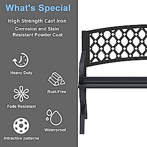 Outdoor Garden Bench, Weatherproof Patio Park Benches Clearance with Anti-Rust Frame, 550 LBs Capacity Loveseat Chairs Ergonomic Backrest for Porch, Path, Yard, Lawn, Entryway, 50'' Furniture, Black