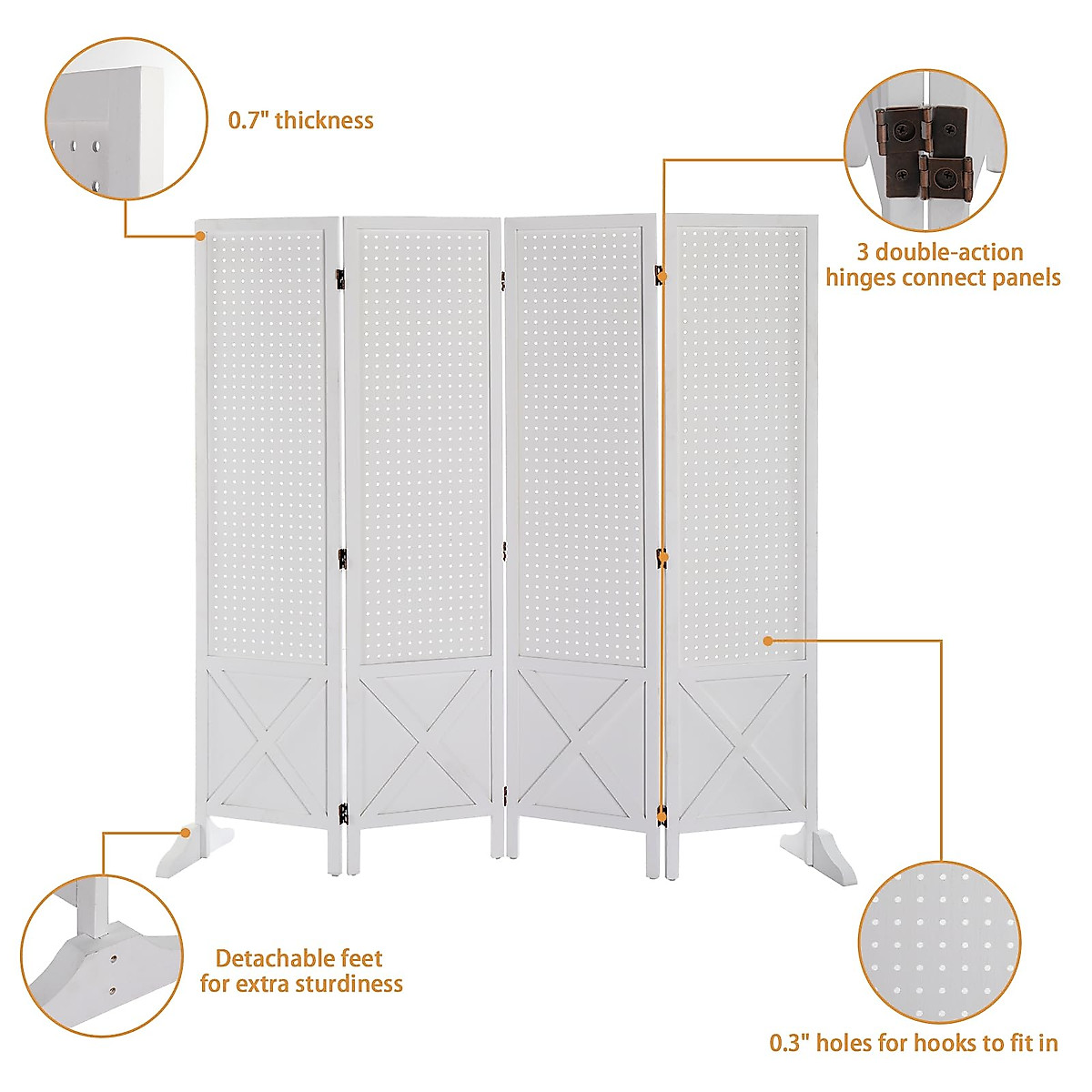 VINGLI Freestanding Pegboard with Support Feet, 5 FT Wood Room Divider Display Board Organizer, Folding Privacy Screen Partition Space Separator for Craft Shows Events Retail (White, 4 Panel)