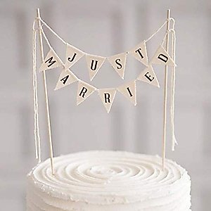 Wedding Cake Topper,Vintage Affair Rustic Just Married Wedding Cake or Cheese Bunting,Handmade Pennant Flags with Wood Pole Ivory(White)