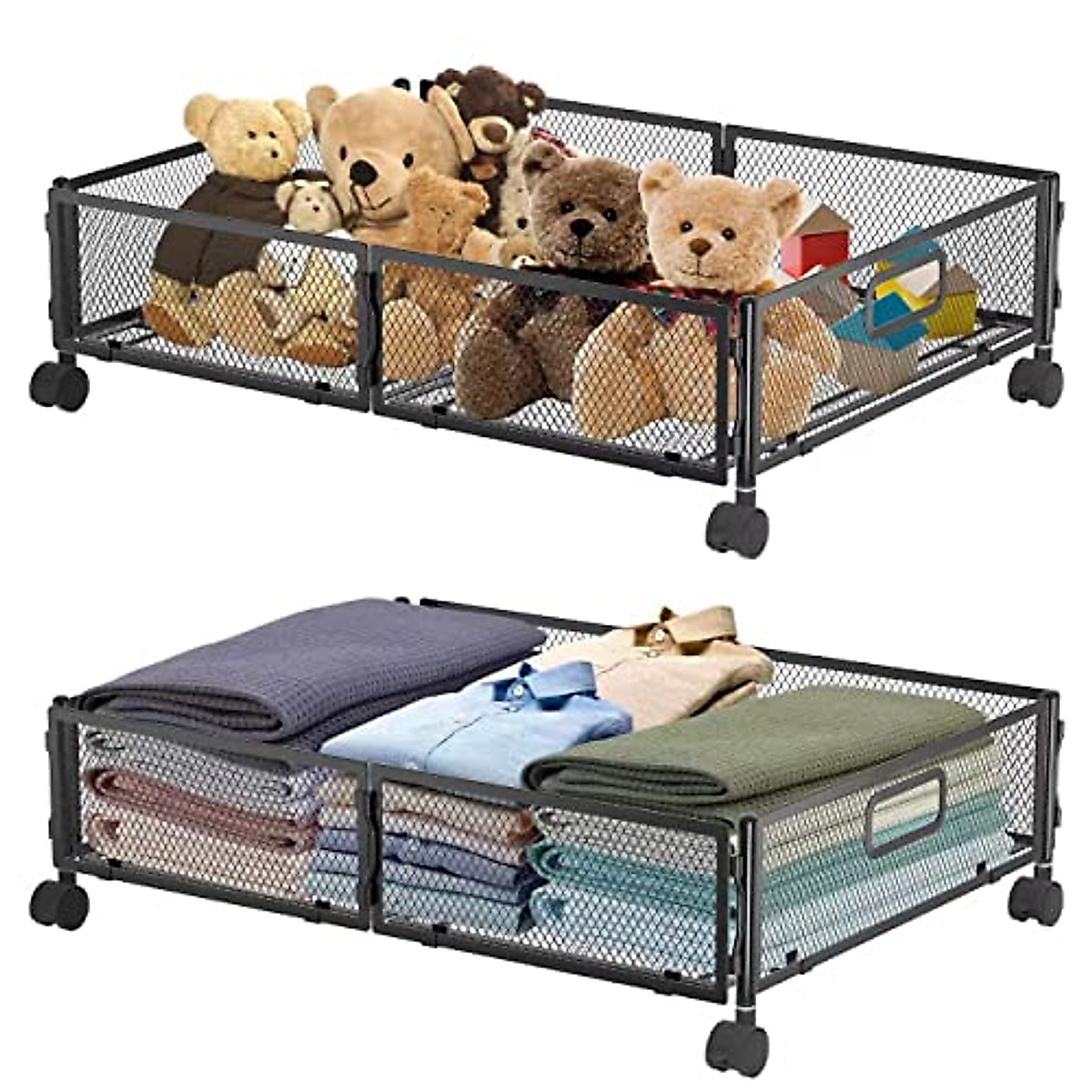 Sephyroth Metal Under bed Storage with Wheels,Under Bed Organization Containers for Bedroom Clothes Shoes Toys Book Blankets Quilts -Black(2Pack)
