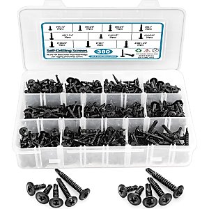 410 Stainless Steel #8#10 Self Tapping Screws for Metal, 380 PCS Self Drilling Screws Assortment Kit, Black Oxide, Modified Truss Head Self Tapping Sheet Metal TEK Screws, Length 1/2" to 1-1/4''