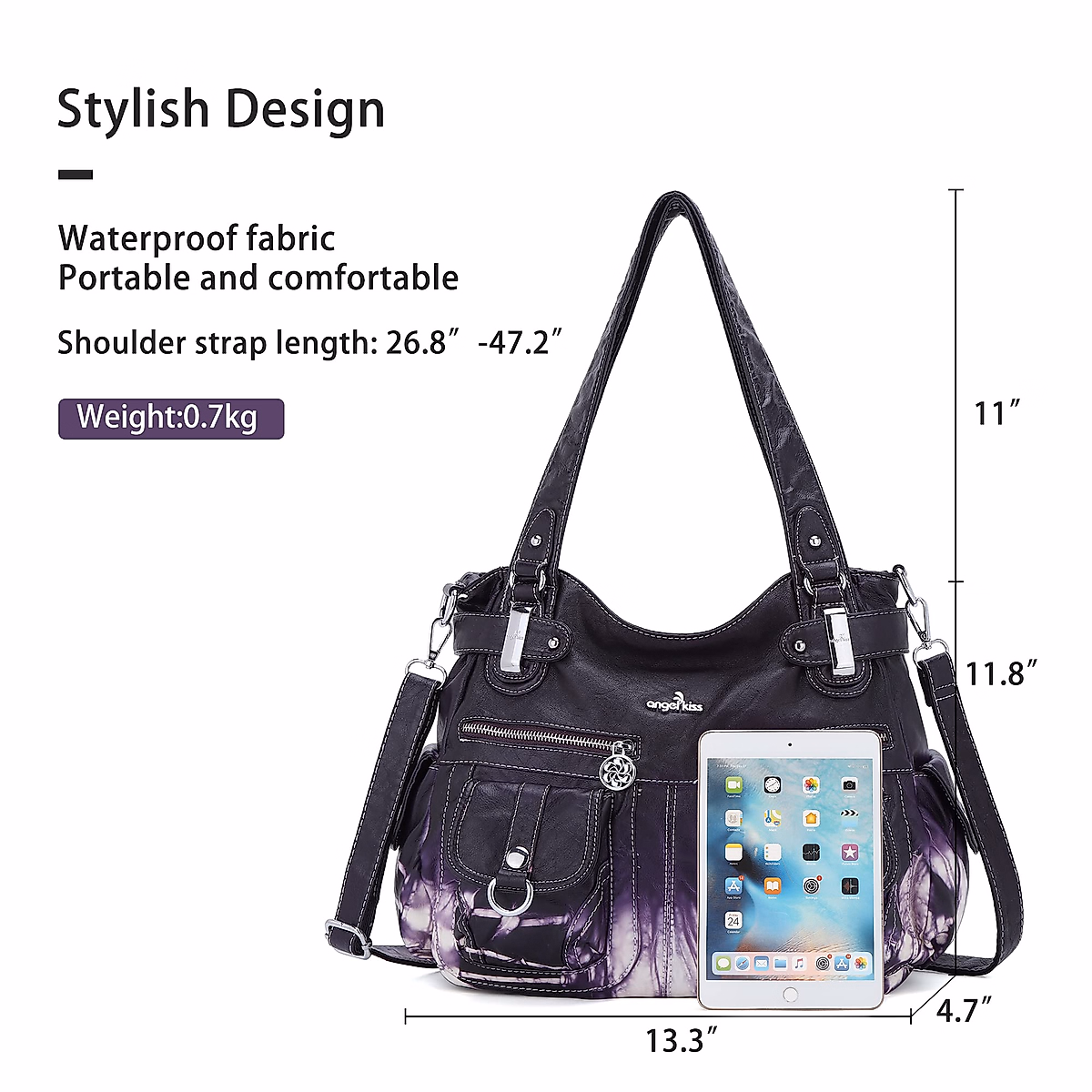 Angelkiss Women's Designer Handbag Large Double Zipper Multi Pocket Washed, Purple-z