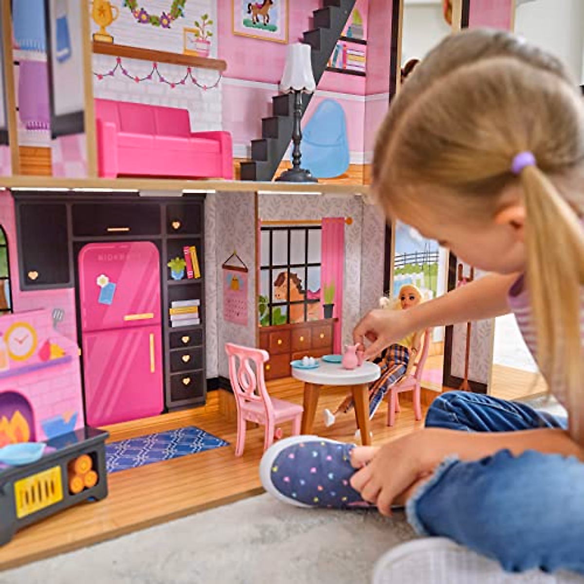 KidKraft Windmill Elevator 2-in-1 Wooden Barn & Dollhouse with Horse and Lights & Sounds, Over 3 Feet Tall, Pink