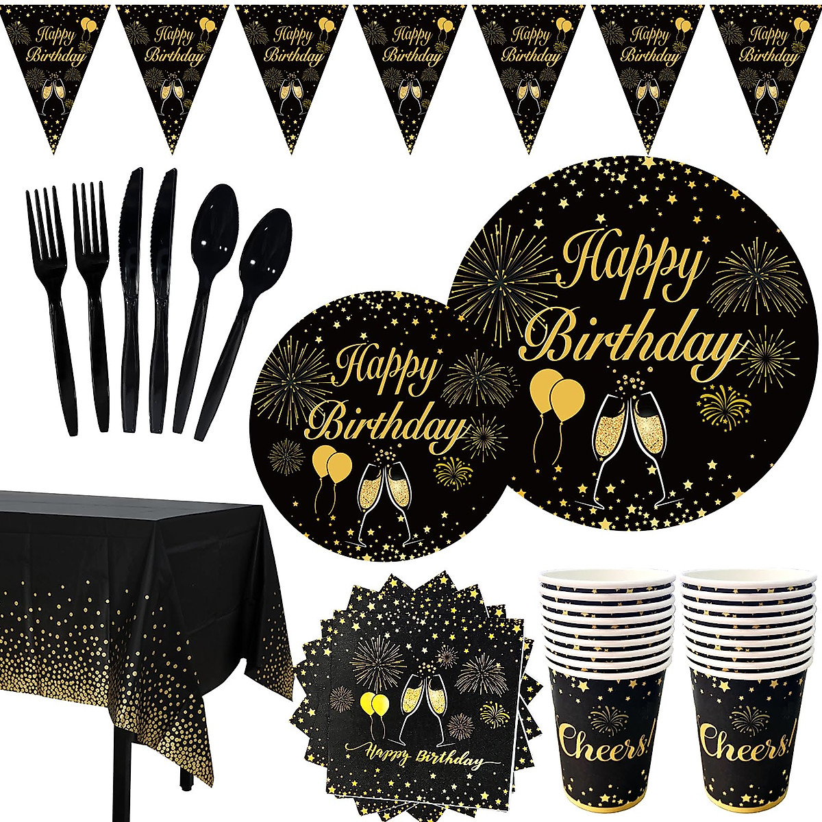 Black and Gold Happy Birthday Party Supplies Tableware Set-Dinner Dessert Cake Plates, Napkins, Cups, Tablecloth, Banner for Wedding Retire Party Decoration for 30th 40th 50th 60th Anniversary