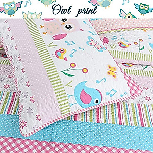 Cozy Line Home Fashions Happy Owl Pink Reversible Quilt Bedding Set, Coverlet, Bedspreads for Girls (Happy Owl, Queen -3 Piece)