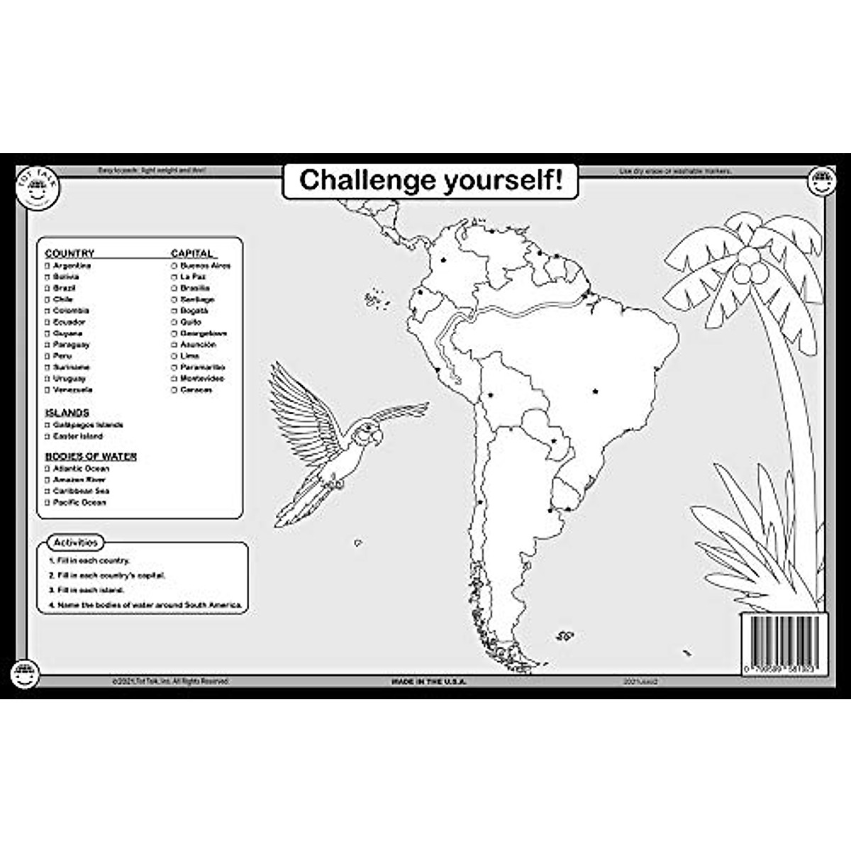 Tot Talk South America Map Kids Placemat Educational Placemat Reusable Washable Double-Sided Learning Made in USA