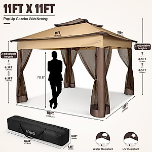 COBIZI Pop Up Gazebo Patio Gazebo 11x11 Outdoor Gazebo with Mosquito Netting Outdoor Canopy Shelter with Double Roof Ventiation 121 Square Feet of Shade for Lawn, Garden, Backyard and Deck, Brown