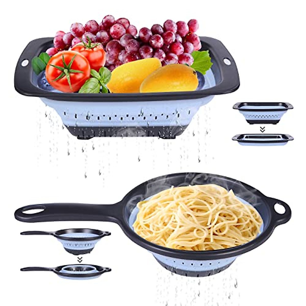 COMUSTER SET - 2 Collapsible Colanders (Strainers), Sizes 7.8" - 2 Quart and 9" - 3 Quart - Perfect for Your Vegetables, Fruits, Pasta & More - With Handle and Square Folding Colander (Blue )