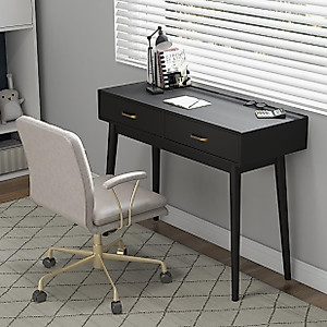 FUNKOCO Black Small Writing Desk with Drawers, 40 Inch Writing Desk for Home Office, Vanity Desk with Solid Wood Leg for Small Spaces