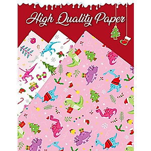 Christmas Dinosaur Wrapping Paper 10 Sheets 20" x 27" Pink Christmas Wrapping Paper Flat Fold Christmas Gift Wrap Paper Pink Girls Wrapping Paper Kids Dinosaur Gift Wrap Dino Birthday Wrapping Paper