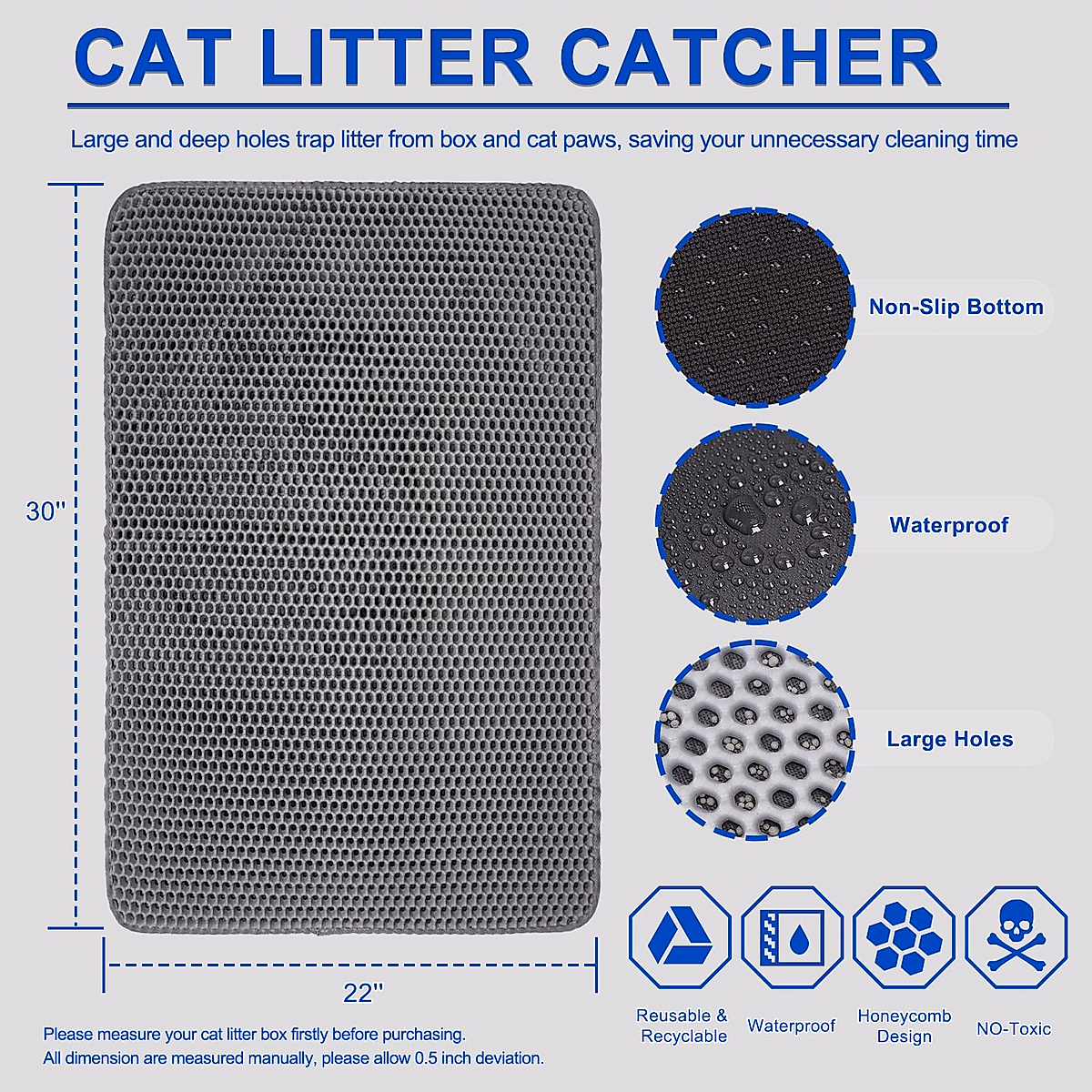 BrLacHhaZ Cat Litter Mat, Double Layer Litter Box Mat, Urine & Water Proof Cat Litter Catcher Mat, (30 x 22 Inch) Large Litter Trapping Mat Washable, Scatter Control