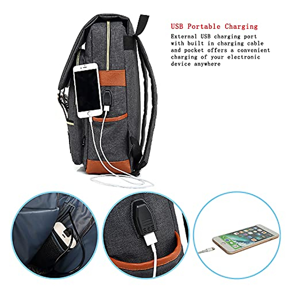 UGRACE Vintage Laptop Backpack with USB Charging Port, Elegant Water Resistant Travelling Backpack Casual Daypacks College Shoulder Bag for Men Women, Fits up to 15.6Inch Laptop in Black