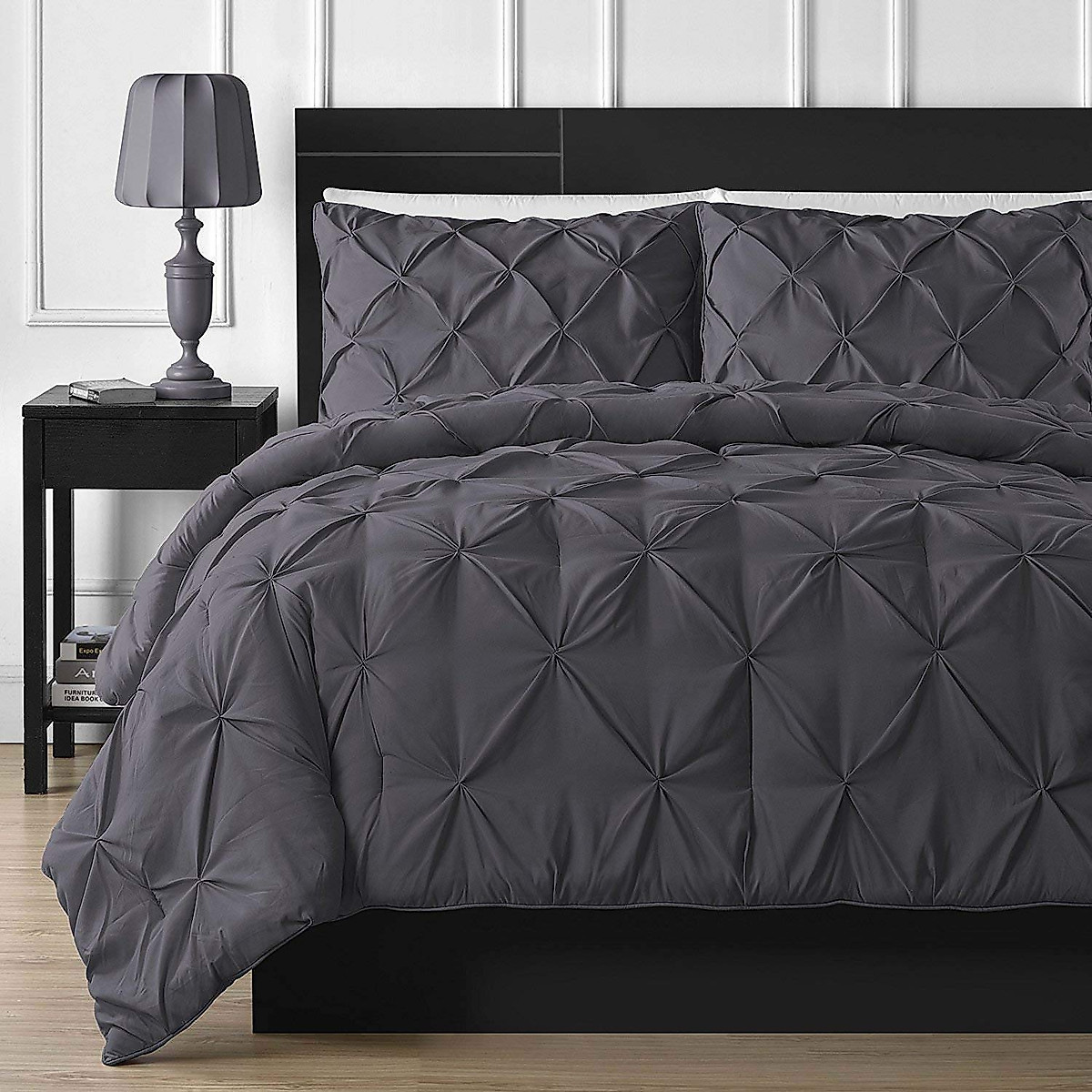 Crown Collection Luxuriate Hotel 1000-TC Hypoallergenic Ultra Soft 100% Egyptian Cotton Super King Plus 120X120 Dark Gray Solid Pinch Plated Duvet Cover with Zipper Colser & 2pcs Pillow Case Set