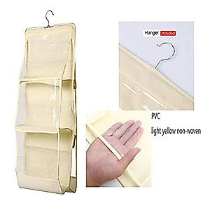 N/V PIKACHENG Hanging Handbag Purse Organizer, Homewares Nonwoven 6Pockets Hanging Closet Storage Bag,Transparent Dust-Proof Wardrobe Closet Storage Bag (Light Yellow)