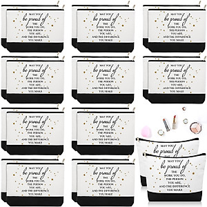 Roowest 20 Pcs Inspirational Gifts Cosmetic Bags Coworker Bulk Motivational Gift Pouch Canvas Makeup Bag with Zipper Appreciation Bags for Women Employee Christmas Gift(White,Proud)