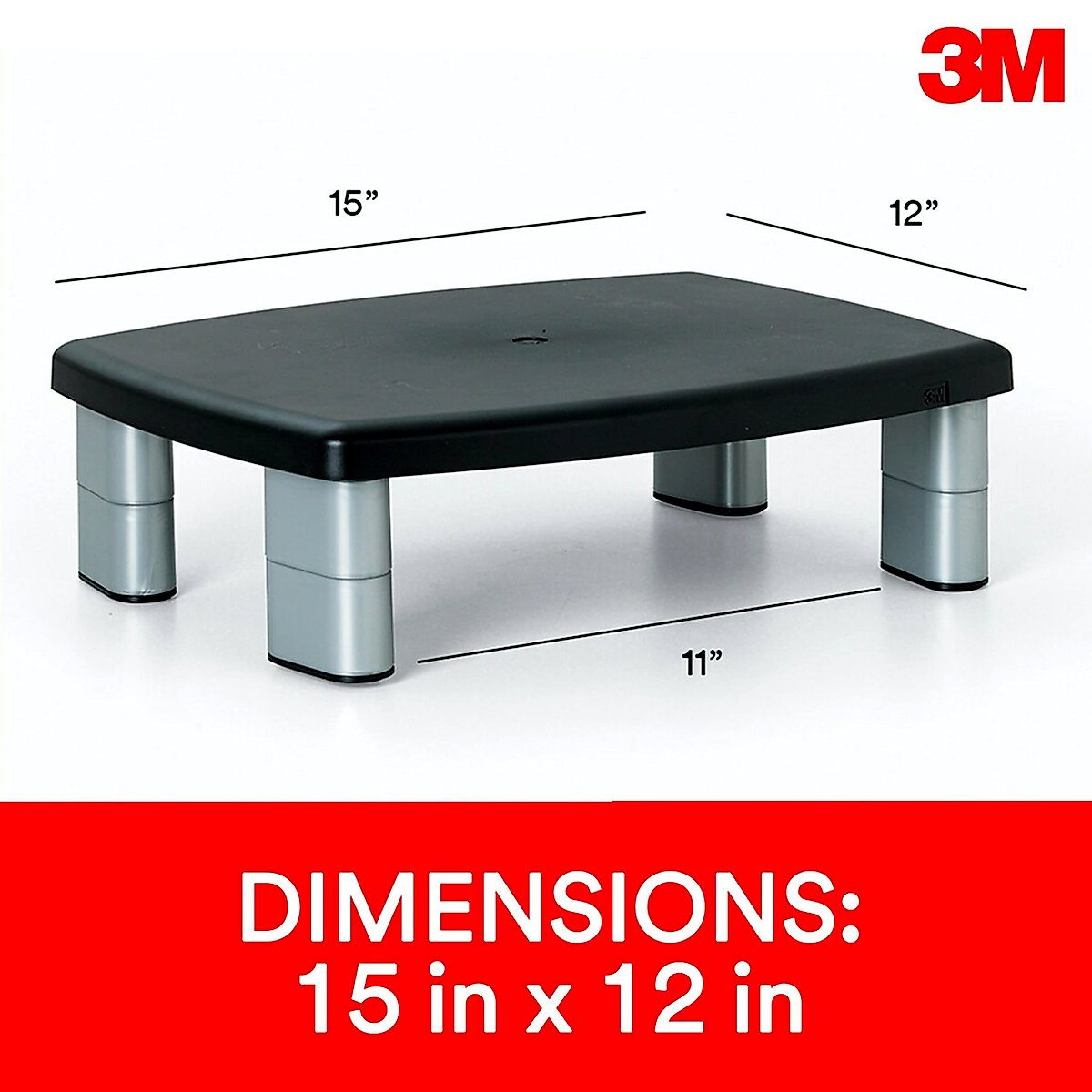 3M Adjustable Monitor Stand Riser, Three Leg Segments Simply Adjust Height, Sturdy Platform Holds Up to 80 lbs for Monitors, Laptops, and Printers, Space for Storage Underneath, Silver/Black (MS80B)