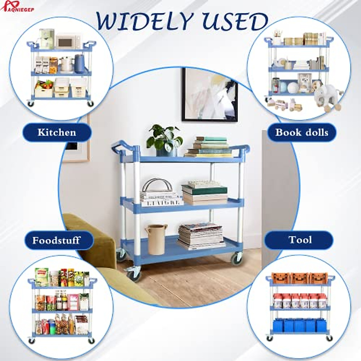 AQNIEGEP Utility Carts with Wheels Food Office Restaurant Rolling Cart 510lbs Capacity, Lockable Wheels, Rubber Hammer 16.5" x 31.5" x 39.5"