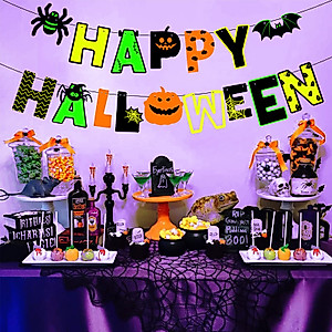 Halloween Party Decoration Garland, Fluorescence Happy Halloween Banner, Green Orange Bat Spider Web Garland Streamers Glow in the Dark Hallows Eve Favors, Halloween Bunting Banner Home Wall Decor
