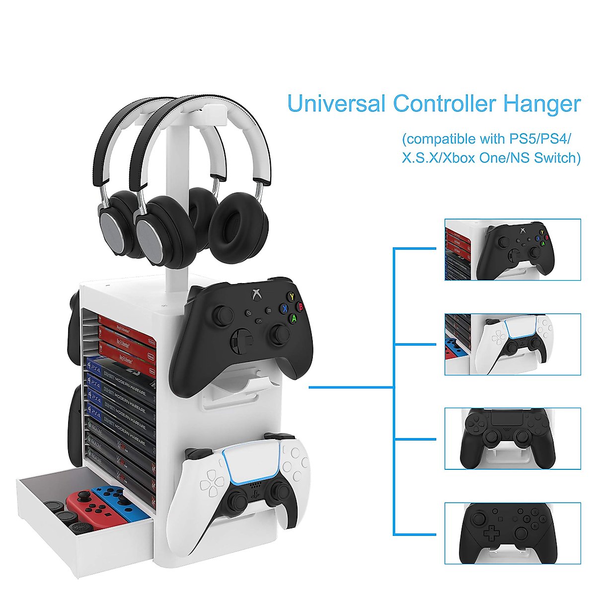 Joytorn Games Storage Tower(Up to 10 Games) for PS5,Game Disk Rack and Controller/Headset Stand Holder Compatible with Xbox Series X|S/Nintendo Switch/PS4