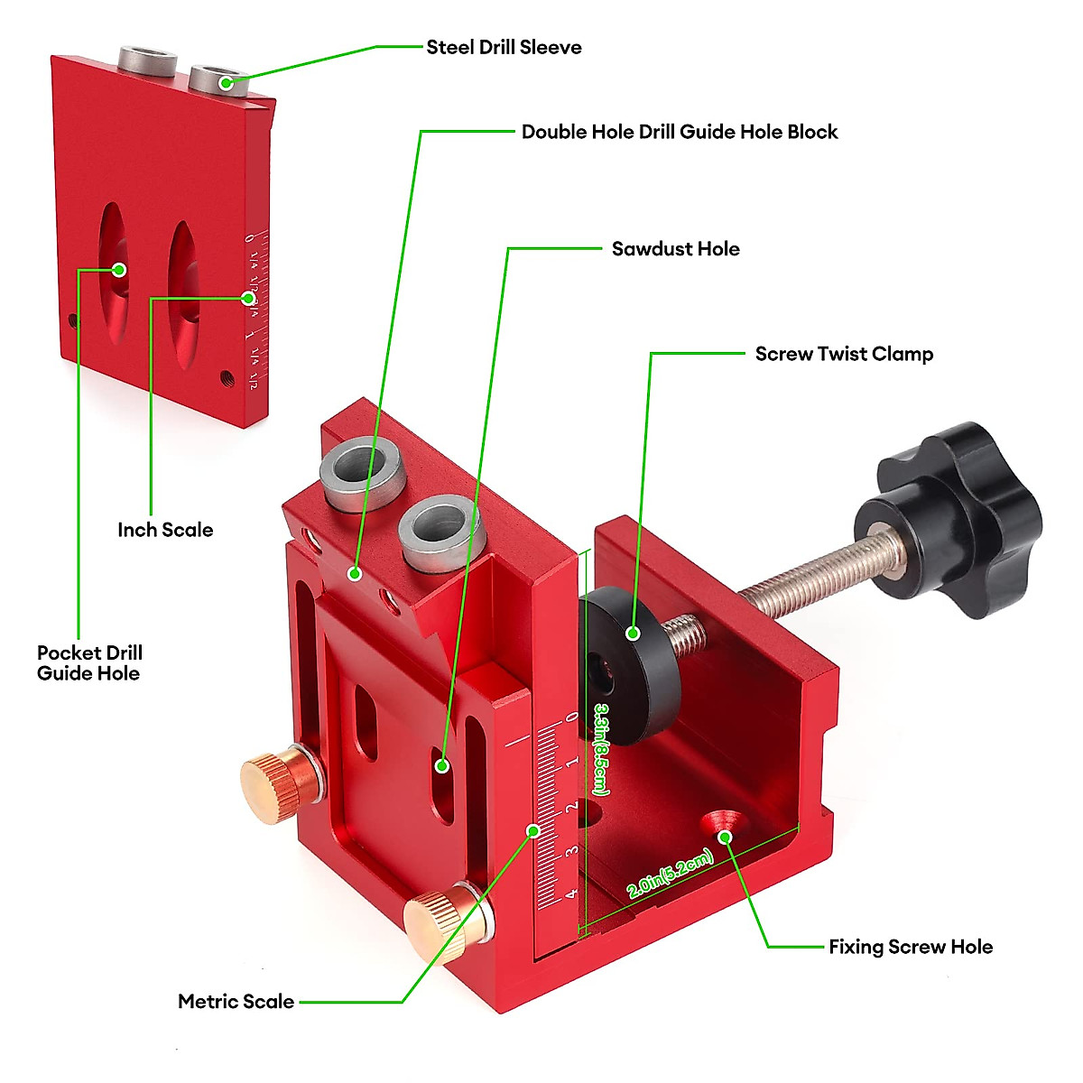 Newruiheng Pocket Hole Jig Tool Kit for Carpentry, Pocket Hole Drill Guide Jig Set for 15° Angled Holes, Portable Wood Pocket Hole Screw Clamp System for Woodworking (Red)