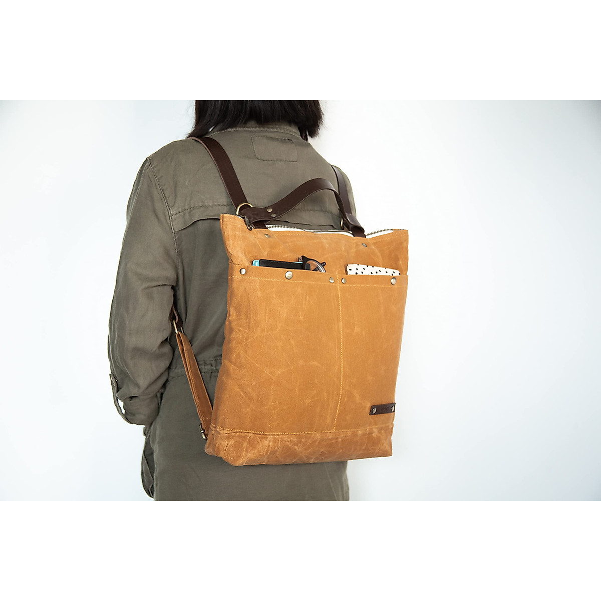 Small Convertible Totepack/Minimalist Slim Everyday Travel Daypack Women/ 14 Inch Laptop Backpack/ 8 Pocket College Bookbag/Waterproof Lining/Waxed Canvas & Leather/Urbanist (Pecan Brown)