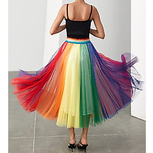 Dwirapal Sequin Long Tulle Skirt 4 Layered Flowy Fairy Sparkle Party Mesh Tea Length Big Hem Skirts for Women