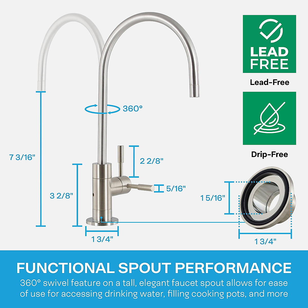 SpiroPure Air Gap RO Faucet, Brushed Nickel/Satin Nickel, Reverse Osmosis Replacement Water Filter Faucet, 3-Line Filtered Faucet, SP-FC210-NK
