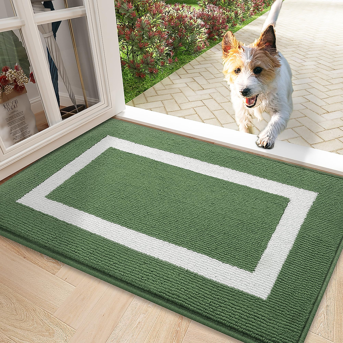 OLANLY Indoor Door Mat, 32x20, Non-Slip Absorbent Resist Dirt Entrance Mat, Washable Low-Profile Inside Entry Doormats for Entryway, Green