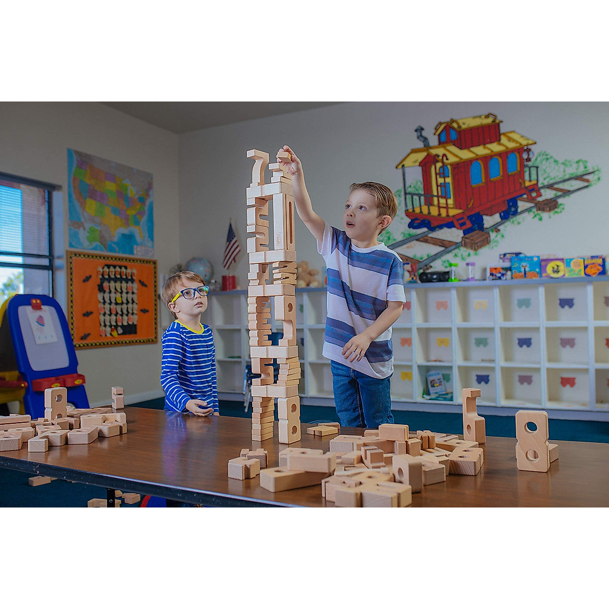 SumBlox Original Size Basic Set of 76 Math Building Blocks - STEM Solid Wood Educational Number Blocks, Includes 80 Activity Cards.