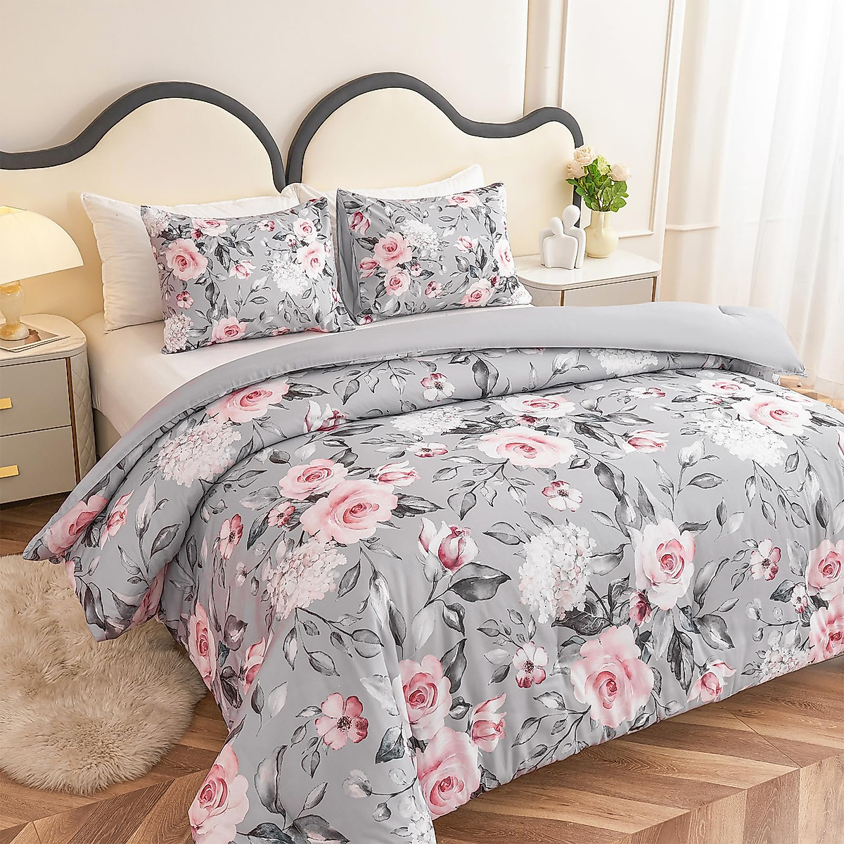 Koniroom 3 Pieces Pink and Grey Comforter Set Queen Size, Floral Bedding Sets with Pink Flowers and Leaves Pattern for Women Teen Girls, Reversible All Season Comforter with 2 Pillow Shams