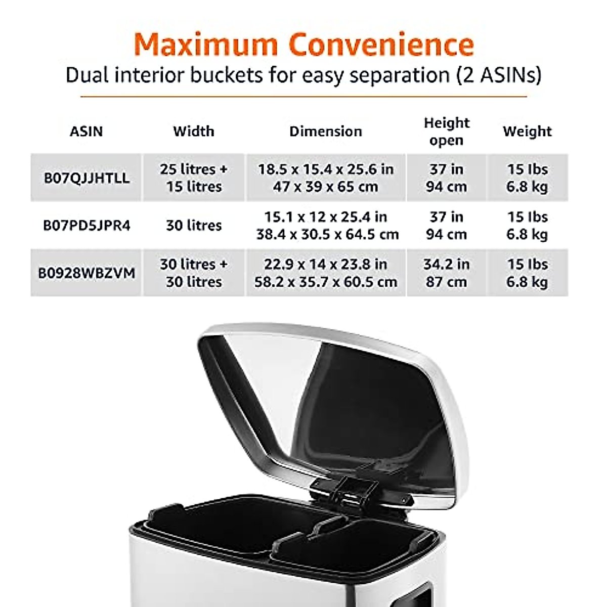 Amazon Basics Rectangular Recycling Trash Can with 2 Compartments - 60 Liter