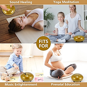 Steel Tongue Drum, DDSKY 6 Inch 8 Notes Lotus Type Handpan Drum Percussion Instrument Steel Drums Instruments with Bag Mallets Mallet Bracket for Mind Healing Yoga Meditatio (Golden)