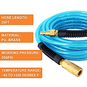 GASHER 1/4'' x 25FT Polyurethane Air Hose, Maximum Working Pressure 300PSI,Composed of Brass And Blue PU hose, Easy to Install