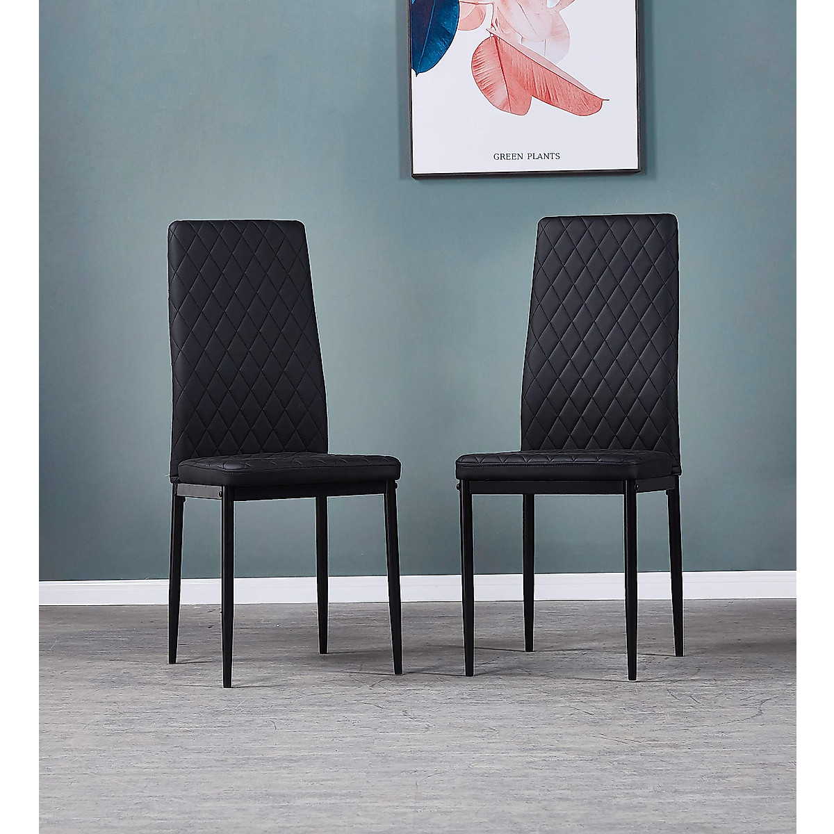 JT Modern Minimalist Dining Chair Fireproof Leather Sprayed Metal Pipe Diamond Grid Pattern Restaurant Home Conference Chair Set of 4 Or 6 (4, Black)