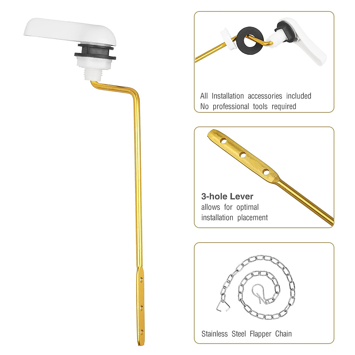 Jwodo Toilet Handle Replacement Kit, Side Mount Toilet Trip Levers with Seal Gasket and Nut, with Stainless Steel Flapper Chains, Universal Replacement for Most Toilets (White)