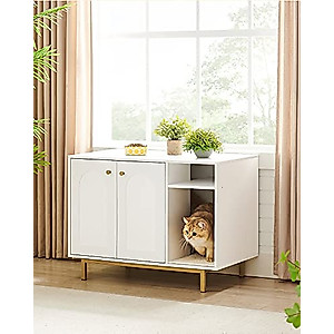 Hzuaneri Cat Litter Box Enclosure, Hidden Litter Box Furniture, Wooden Pet House Side End Table, Storage Cabinet Bench, Fit Most Cat and Litter Box, Living Room, Bedroom, White and Gold 01503GCLB